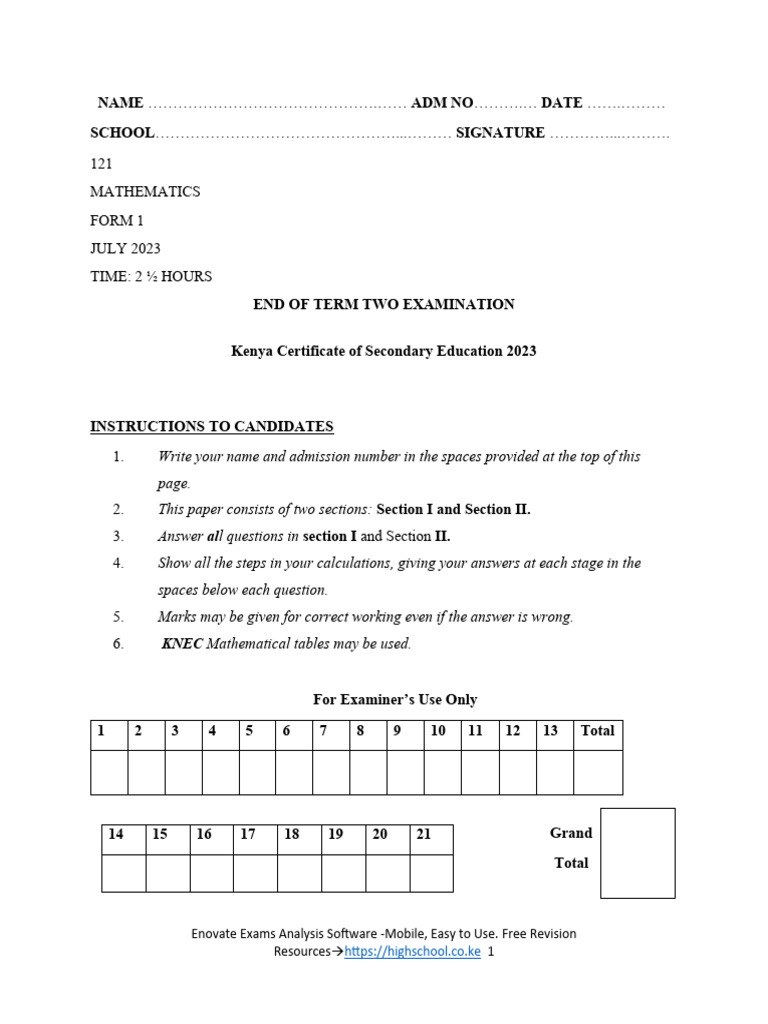 ST PATRICK'S BOYS MATHEMATICS DEPARTMENT Form 1 Term 2 Exam 2023 ...
