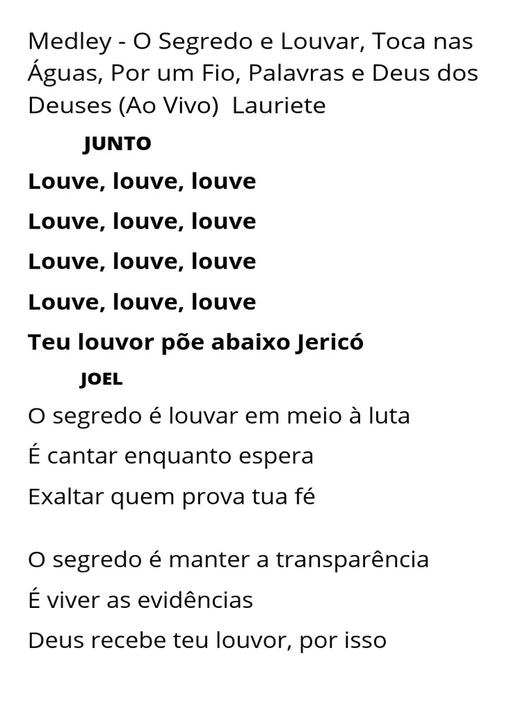 Medley - O Segredo e Louvar, Toca nas Águas, Por um Fio, Palavras e Deus dos Deuses (Ao Vivo ...