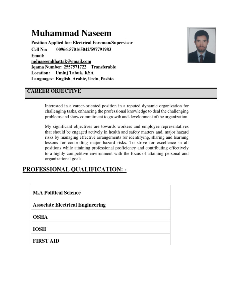 Muhammad Naseem Electrical Supervisor CV | PDF | Occupational Safety And Health | Business