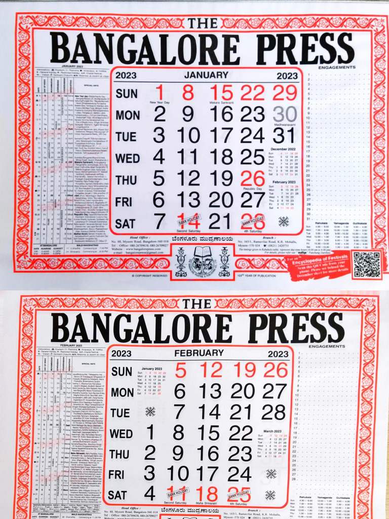 Bengaluru Press Calendar 2023 | PDF