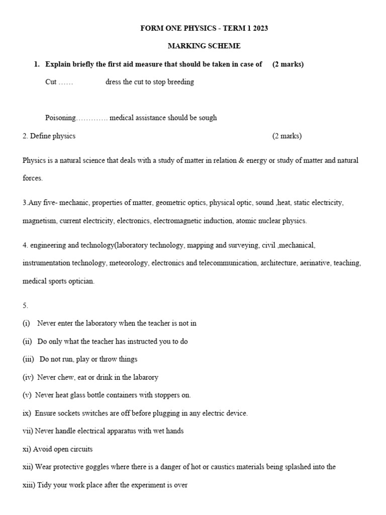 Physics Form One Term 1 Ms Pdf Kilogram Surface Tension 4521