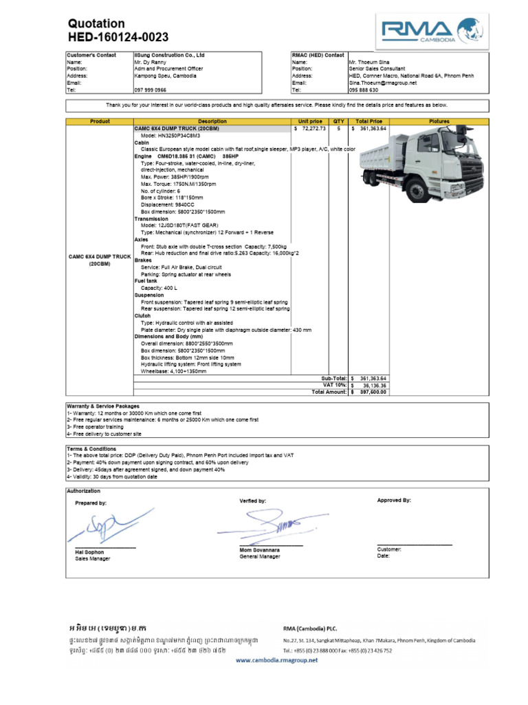 HED-160124-0023 - Quotation DDP of CAMC Dumper Truck 6x4 20m3 - IlSung ...