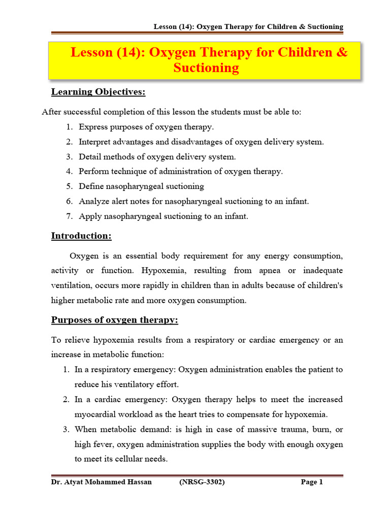 Lesson (14) Oxygen Therapy For Children& Suctioning | PDF | Medicine ...
