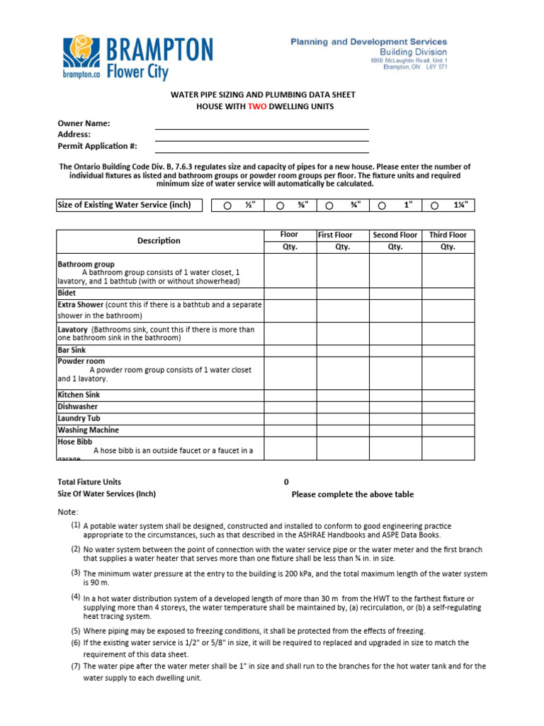Pipe Sizing and Plumbing Data Sheet - Two Unit Dwelling | PDF