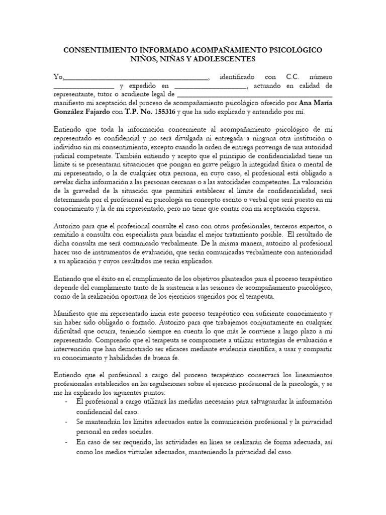 Consentimiento Informado NNA | PDF | Sicología | Conocimiento