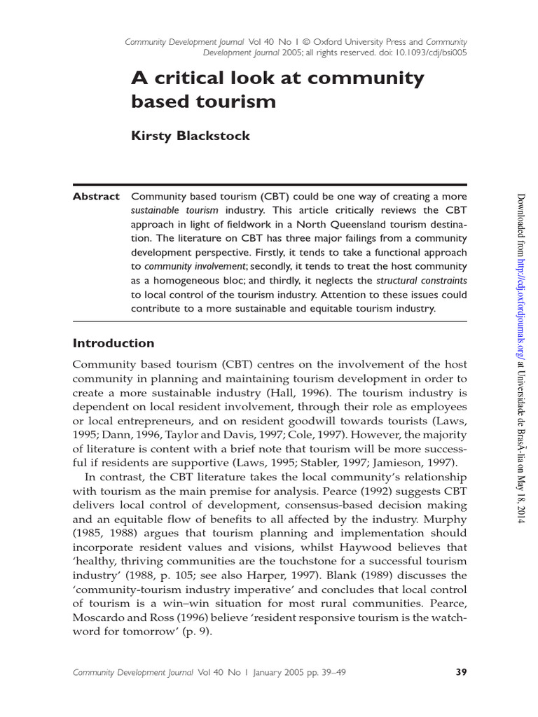 A Critical Look at Community Based Tourism | PDF | Tourism | Community