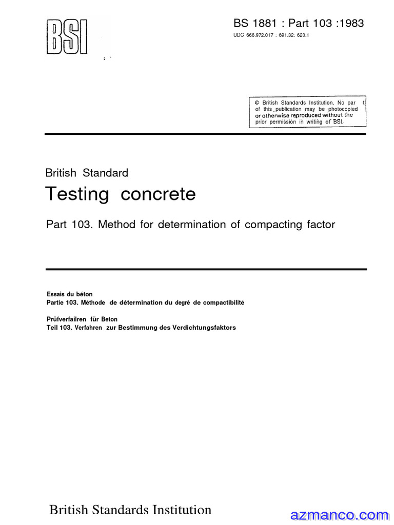 Compacting Factor Test Method BS 1881 | PDF | Concrete