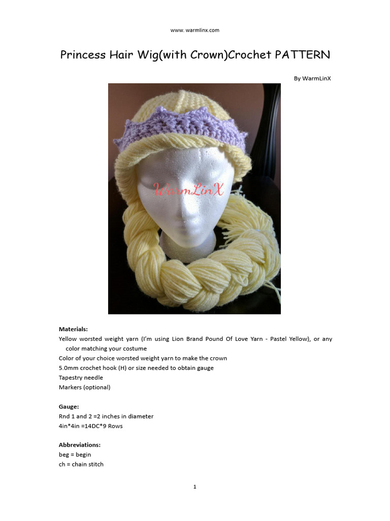 Crochet Princess Hair Wig Pattern | PDF | Crochet | Yarn