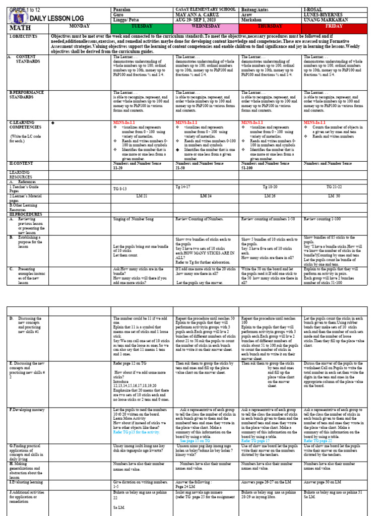 DLL Math Week 1 Grade 1 | PDF | Differentiated Instruction | Learning