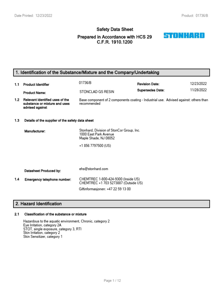 Stonclad GS Resin SDS - en - US | PDF