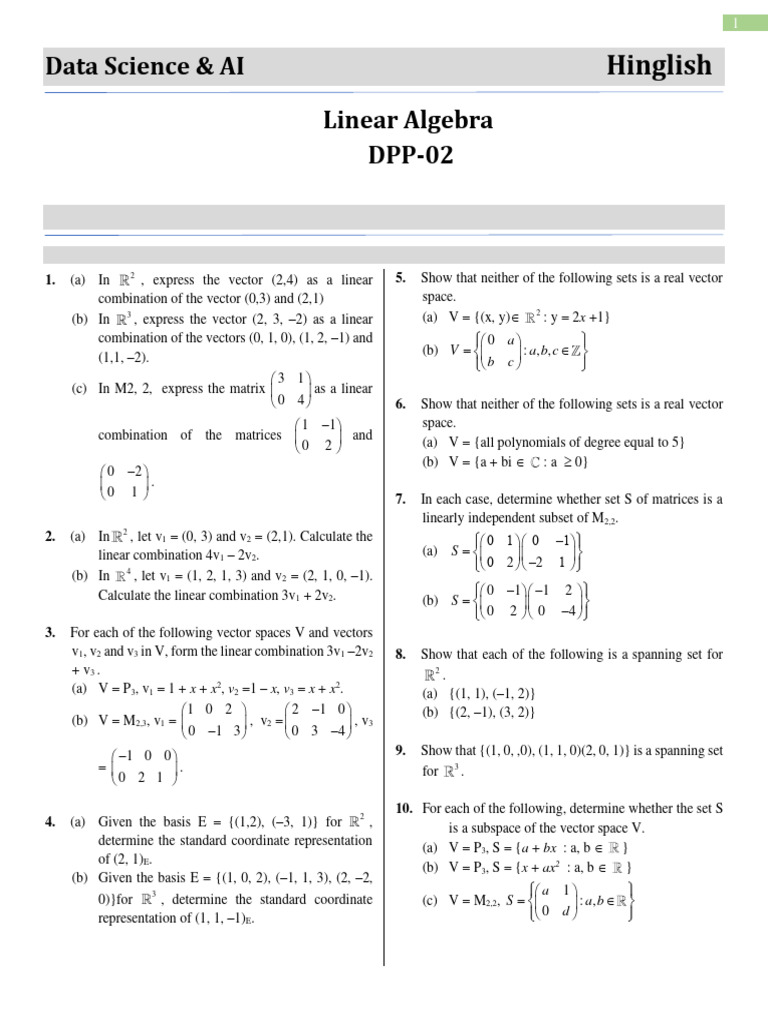 Linear Algebra - DPP 02 | PDF | Basis (Linear Algebra) | Linear Map