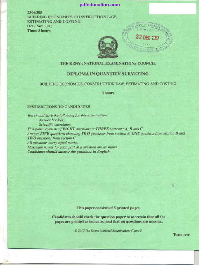 Building Economics KNEC Past Papers 2017 Nov | PDF