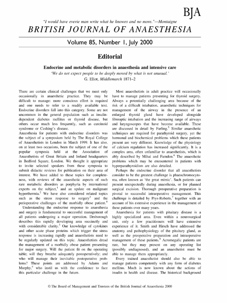 Editorial Bja | PDF | Anesthesia | Endocrine System
