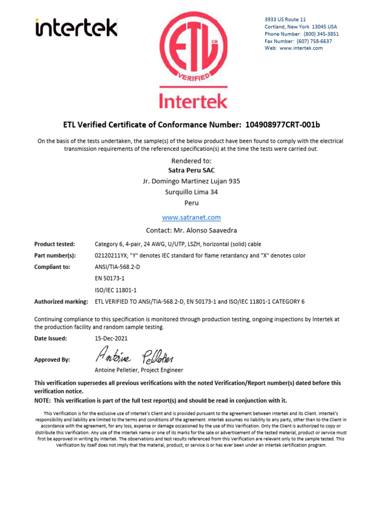 Certificacion ETL Cable Cat6 LSZH | PDF