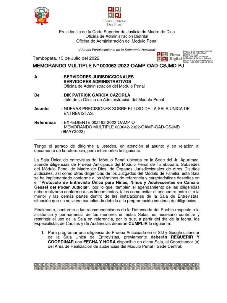 Sala Unica de Entrevistas Memorando Multiple Nâ° 63-2022 | PDF | Gobierno