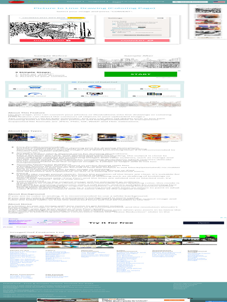 Picture To Line Drawing (Coloring Page) Free Simple Online Tools - DataChef TechLagoon | PDF