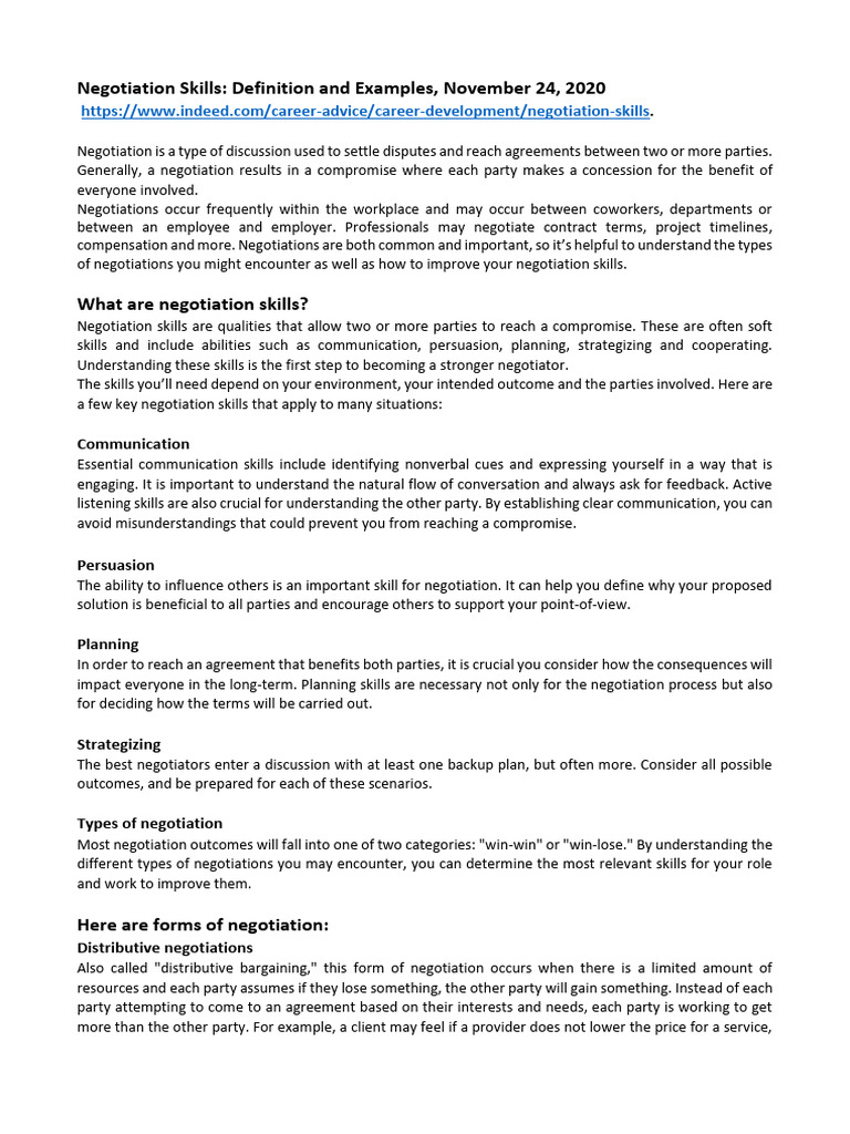 Negotiation Skills and Preparation - Nov 2020 - Indeed | PDF | Negotiation | Communication