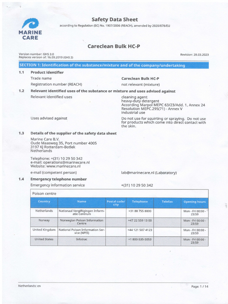 MSDS CareClean Bulk HC-P | PDF