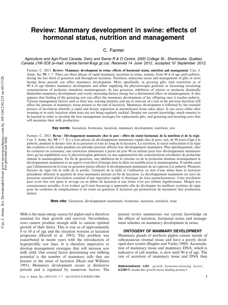 Cjas2012-066 - Review Mammary Development in Swine | PDF | Pig | Lactation