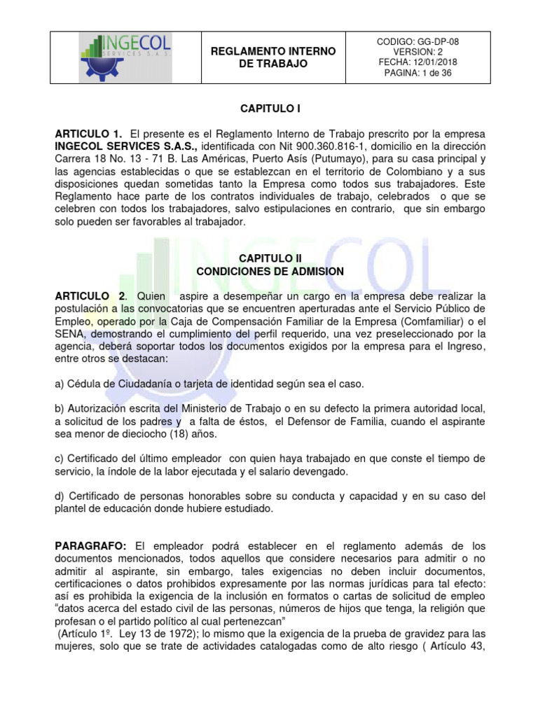 GG-DP-08 Reglamento Interno de Trabajo (V2) | PDF | Salario | Derecho laboral