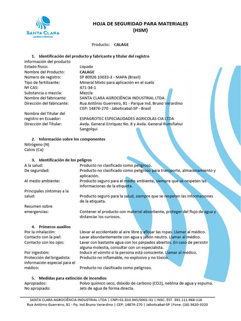 Hoja de Seguridad Calage | PDF | Agua | Solubilidad