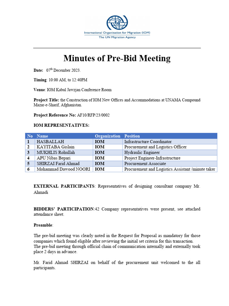 Pre-Bid Meeting Minutes for IOM Project | PDF | Request For Proposal ...