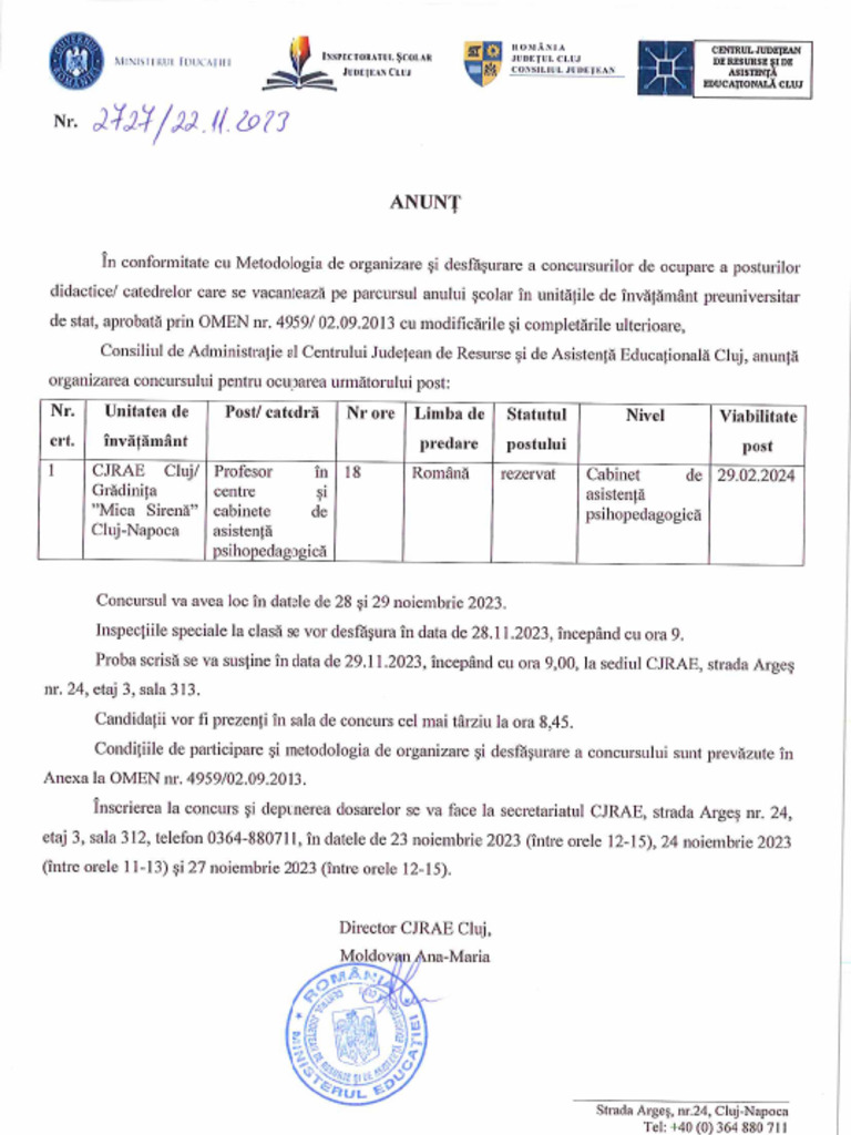 Anunt Concurs - CJRAE 1 | PDF