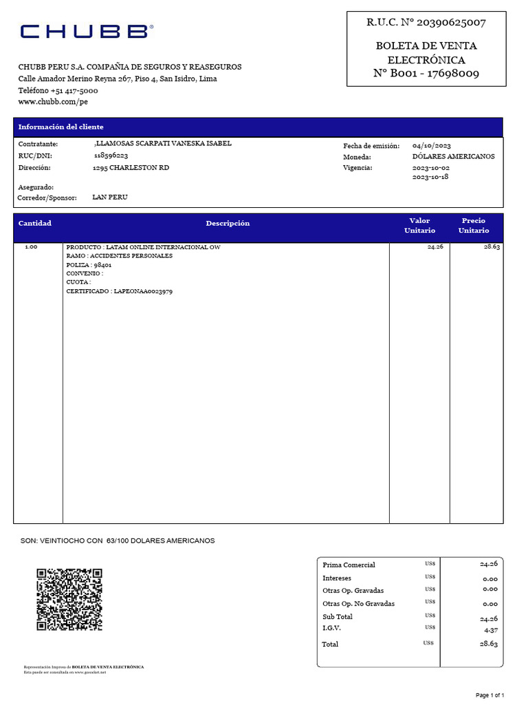 Boleta de Venta Chubb Perú S.A. | PDF | Economias