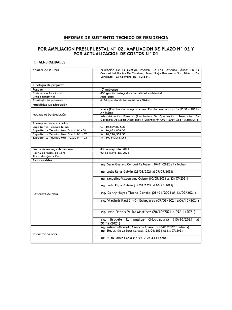 Informe de Sustento Tecnico de Residencia | PDF Informe de Sustento Tecnico de Residencia | PDF
