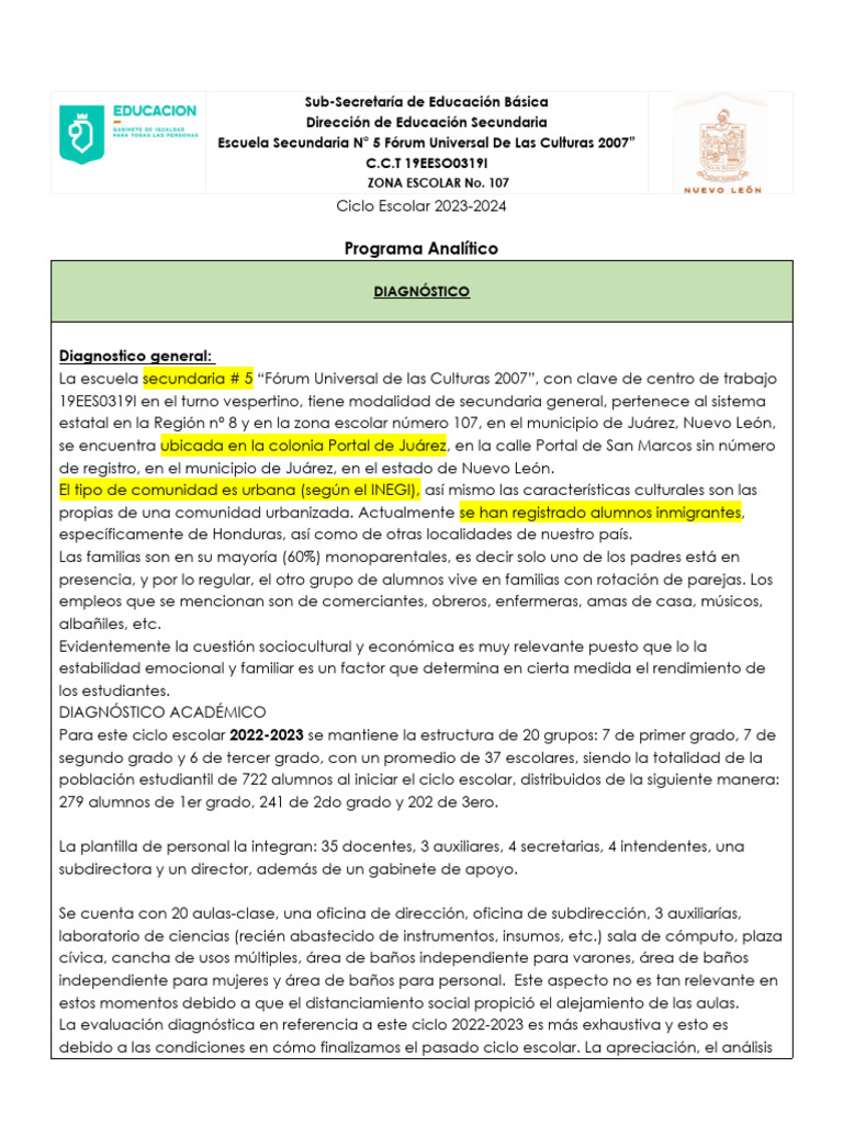 Programa Analitico Escuela Pdf Evaluación Inclusión Educación