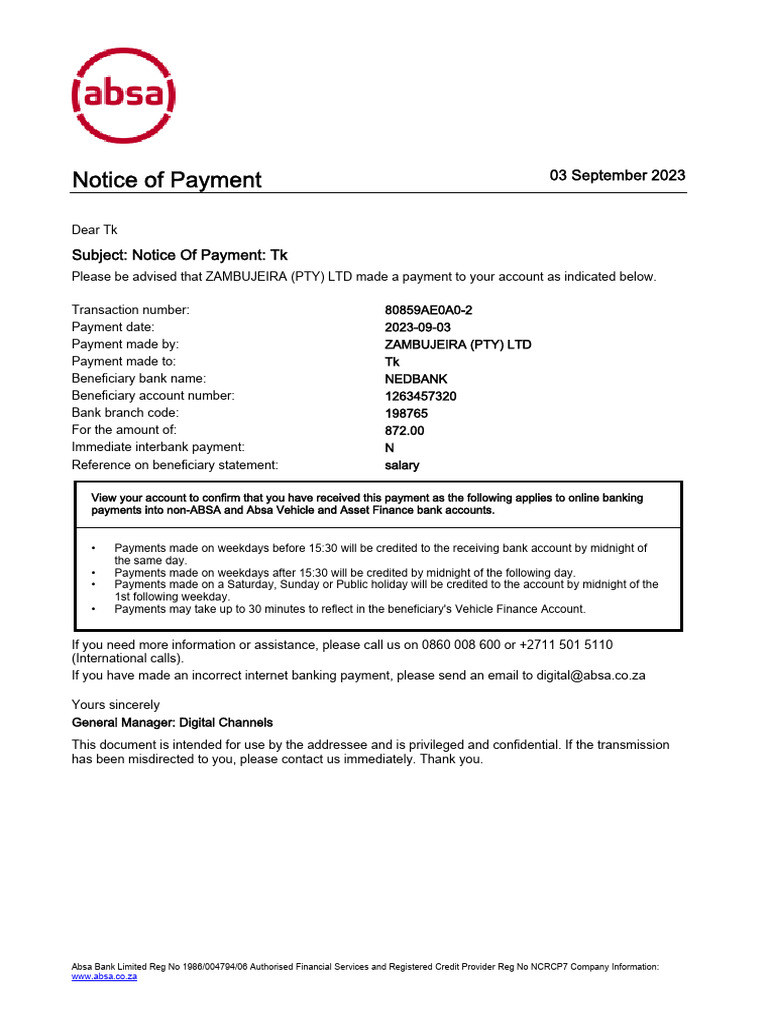 Payment Notice from Absa Bank | PDF | Finance & Money Management