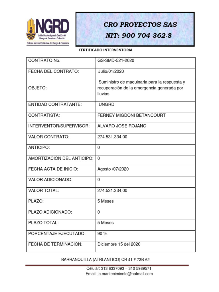 Certificado de Satisfaccion Interventoria OK | PDF | Negocios ...