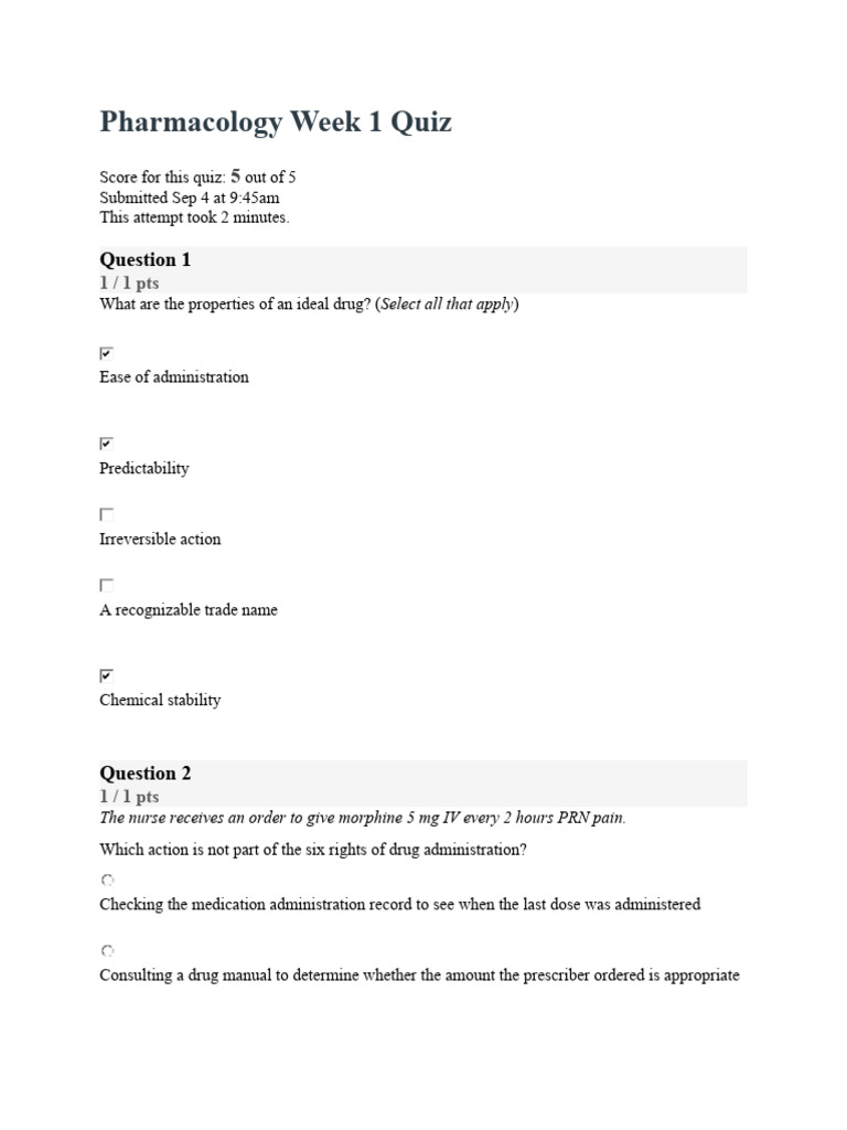 Pharmacology Quiz Week 1 Results | PDF | Nursing | Pharmacology