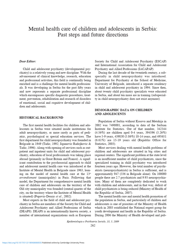 Mental Health Care of Children and Adolescents in Serbia Past Steps and ...