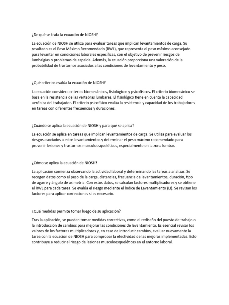 ecuación de NIOSH y metodo OWAS | PDF | Factores humanos y ergonomía