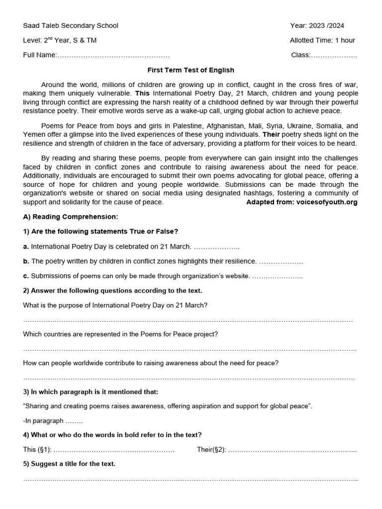 2nd Year Test | PDF