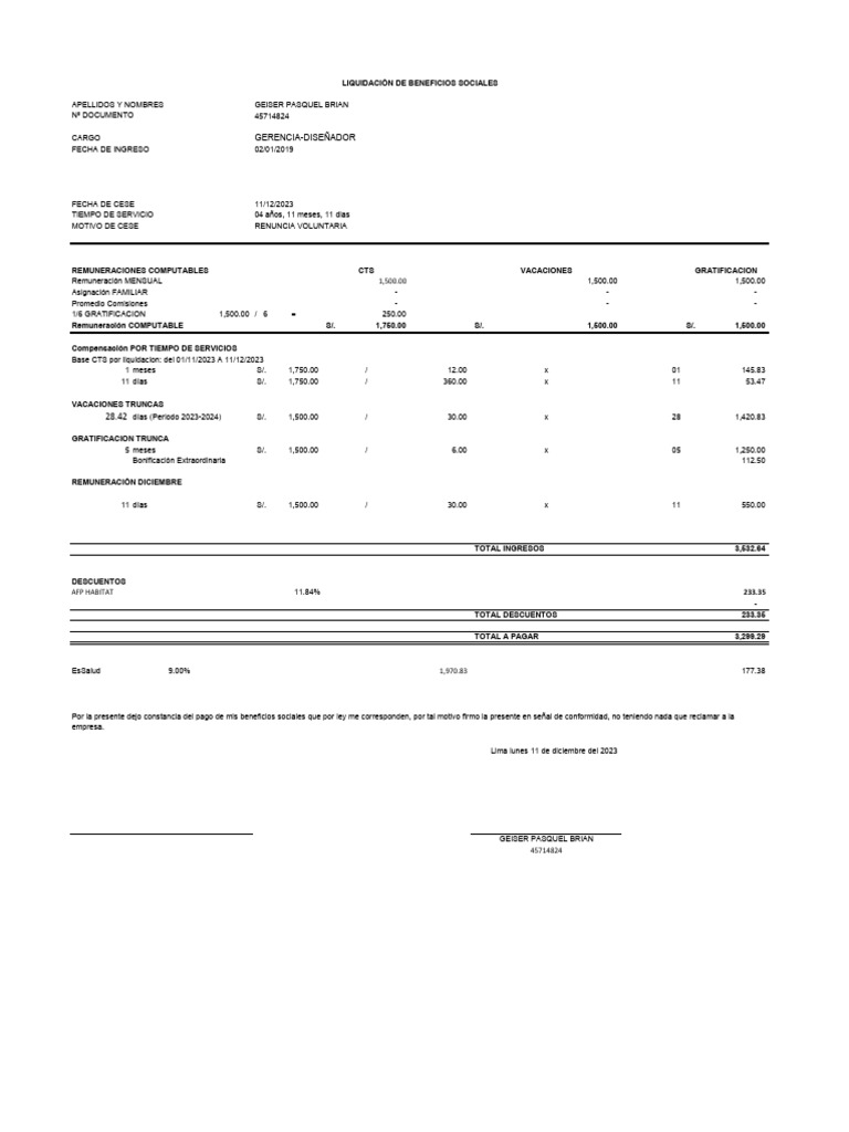 Liquidacion Beneficios Sociales B. Geiser | PDF
