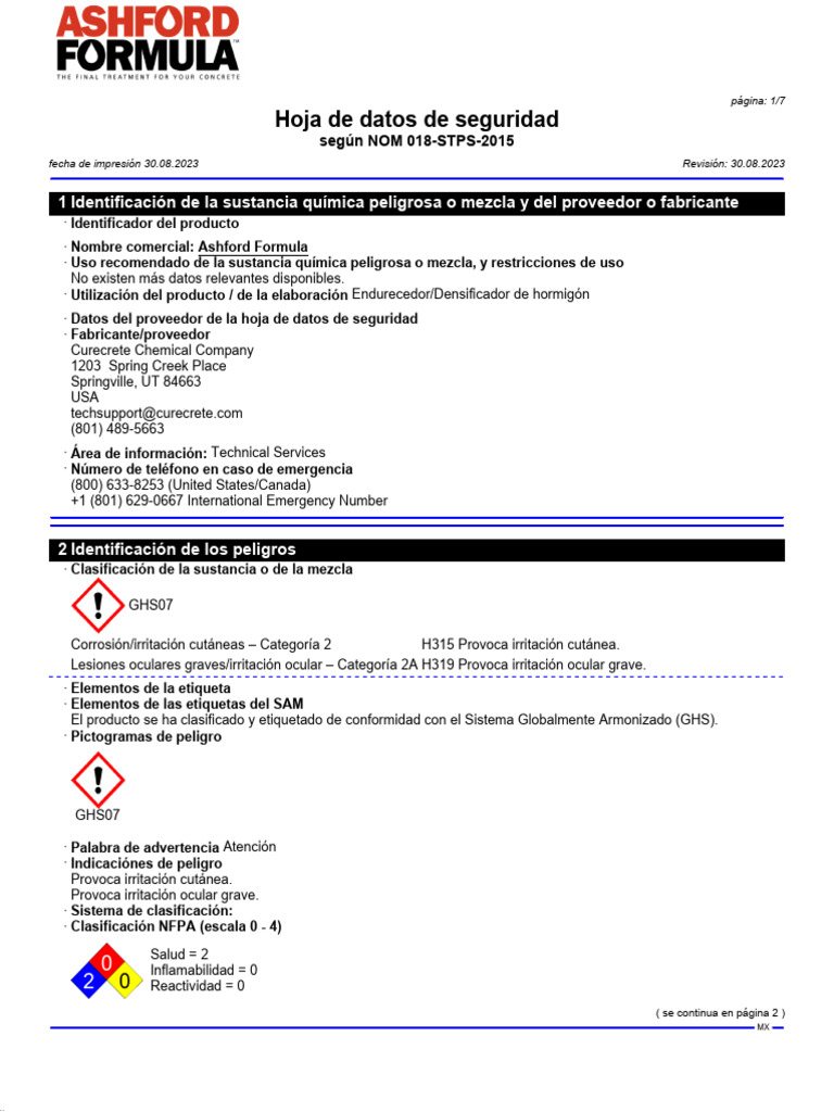 Ashford Formula SDS Spanish MX | PDF | Química | Ciencias fisicas