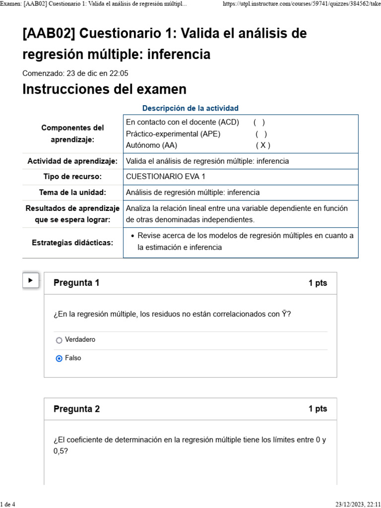Econometria Basica Examen (AAB02) Cuestionario 1 Valida El Análisis de Regresión Múltiple ...