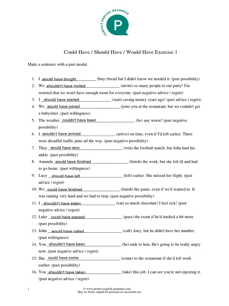 WORKSHEET PAST MODALS Could Have Should Have Would Have Exercise 1cycle ...