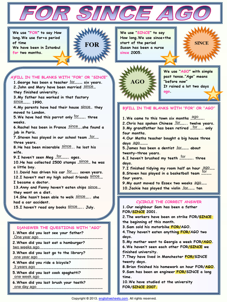 WORKSHEETS PREPOSITIONS OF TIME For, Since, Ago Page 1b Cycle 5 2023 | PDF