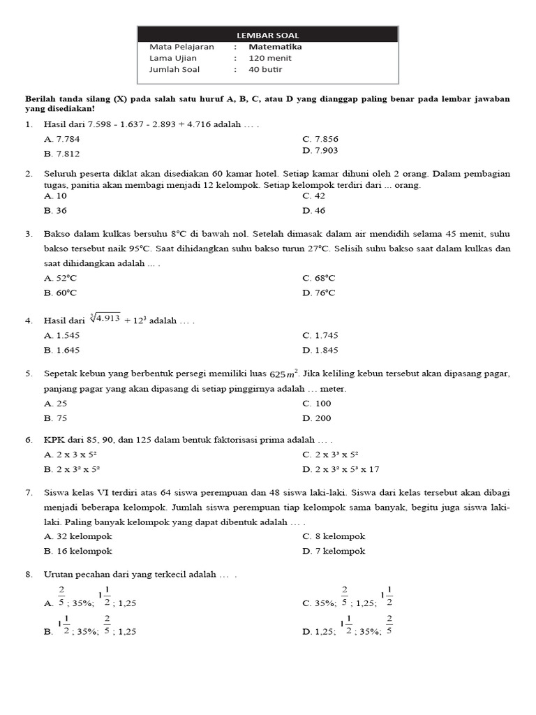 Naskah Soal Matematika - Paket 1 | PDF