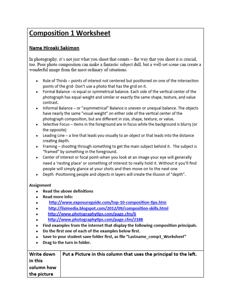 Hiroaki Sakimon Composition Worksheet | PDF | Composition (Visual Arts ...