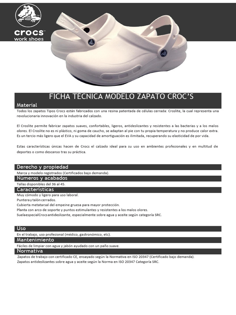 Ficha Técnica Zapato Tipo Crocs | PDF