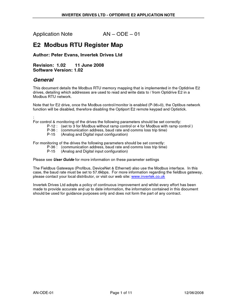 Optidrive E2 Modbus RTU Guide | PDF | Read Only Memory | Power Inverter