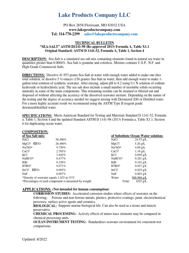 ASTM D1141-98 Technical Bulletin | PDF | Seawater | Sodium Chloride