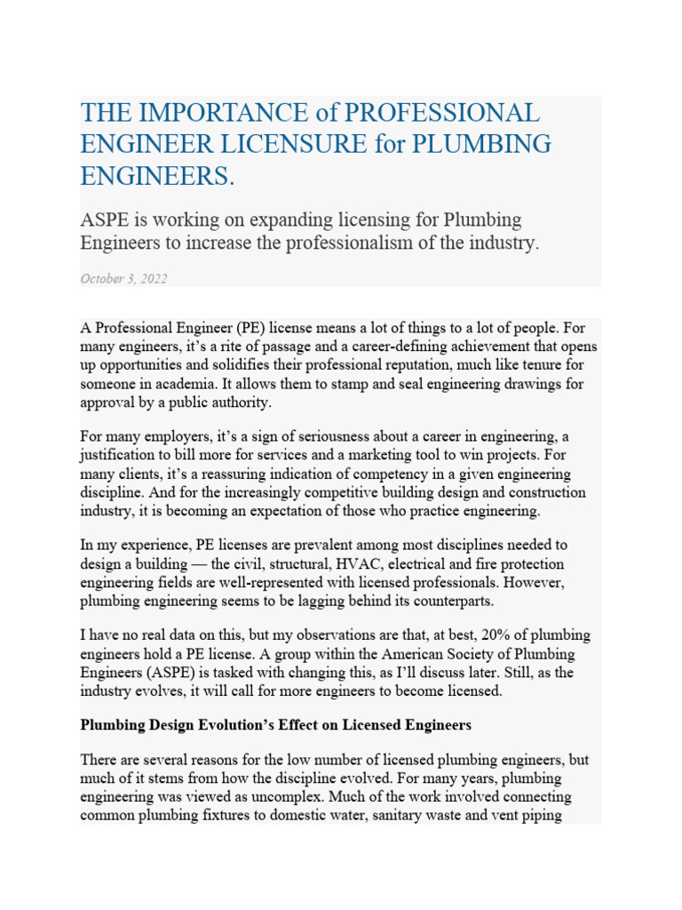 The Importance of Professional Engineer Licensure For Plumbing ...