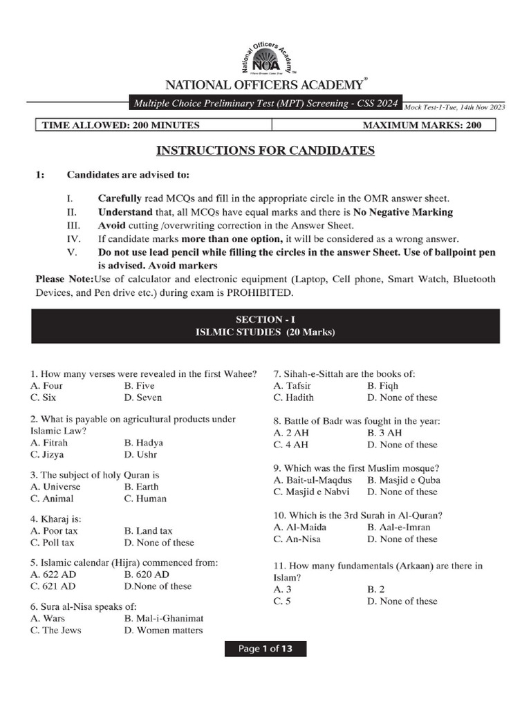 CSS MPT Mocks NOA KIPS CSPs (Free Download) | PDF