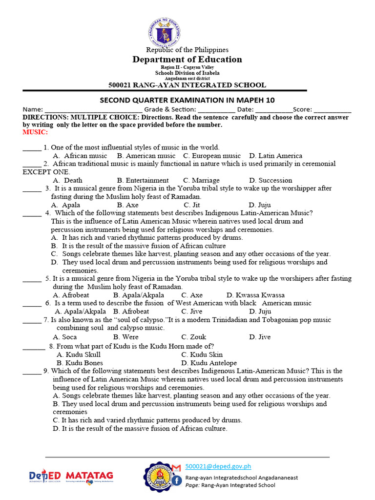 2ND Quarter Exam in MAPEH | PDF