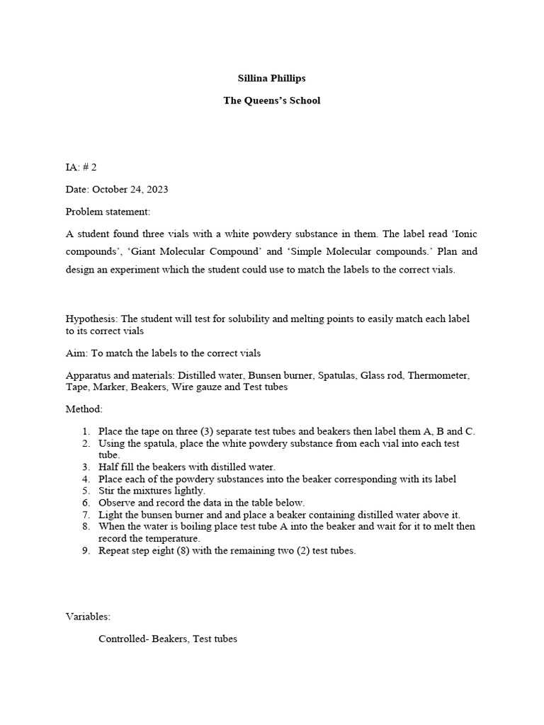 Chem Lab IA #2 | PDF | Melting Point | Solubility